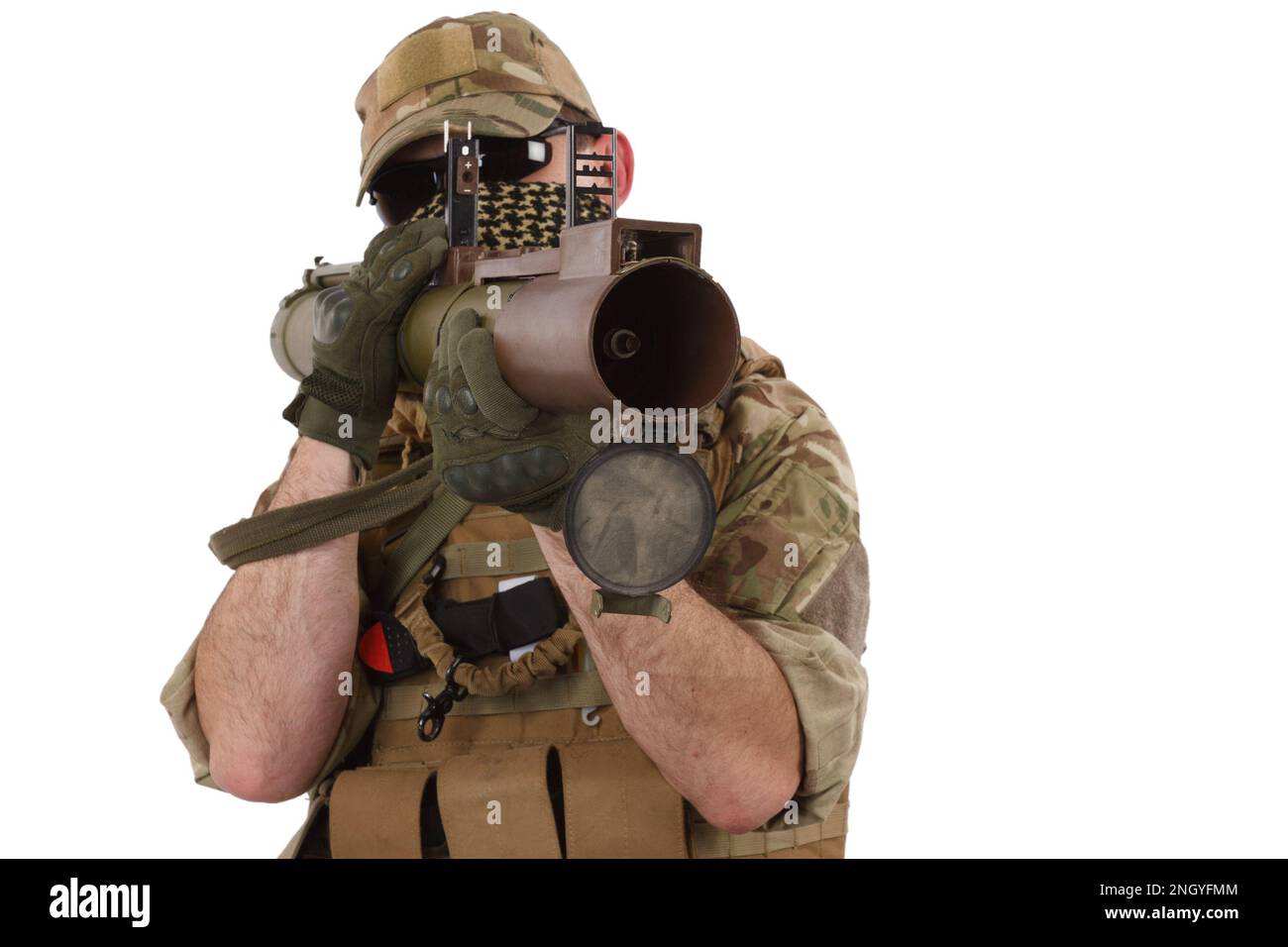 Private Military Company operator fire RPG rocket launcher isolated on ...