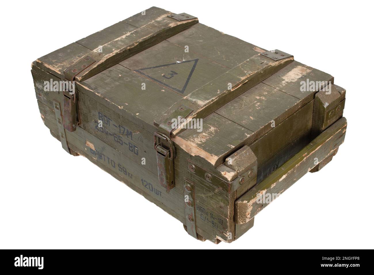 Soviet army ammunition green crate. Text in russian - type of ...