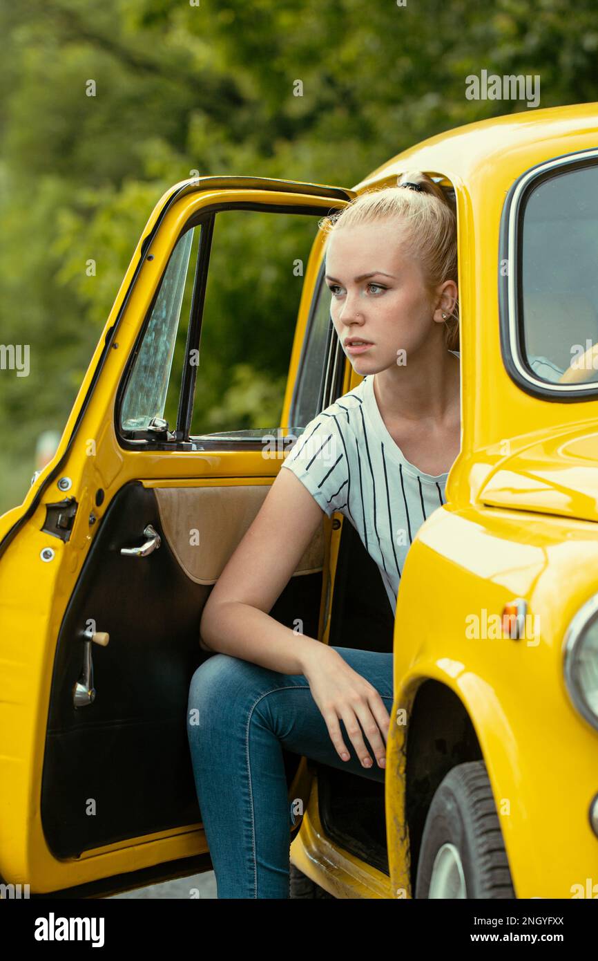 Woman driver. Girl in retro car. Old fashion automobile style Stock ...