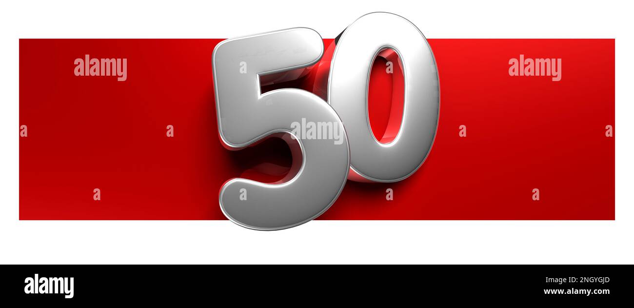 White number 50 over a red text box 3D illustration on white background ...