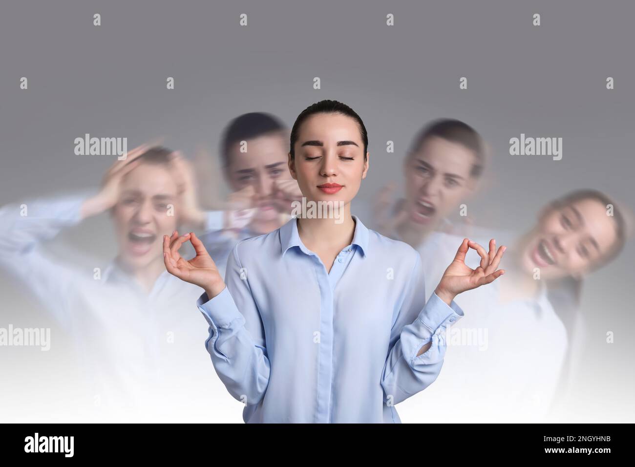 Woman with personality disorder on light background, multiple exposure ...