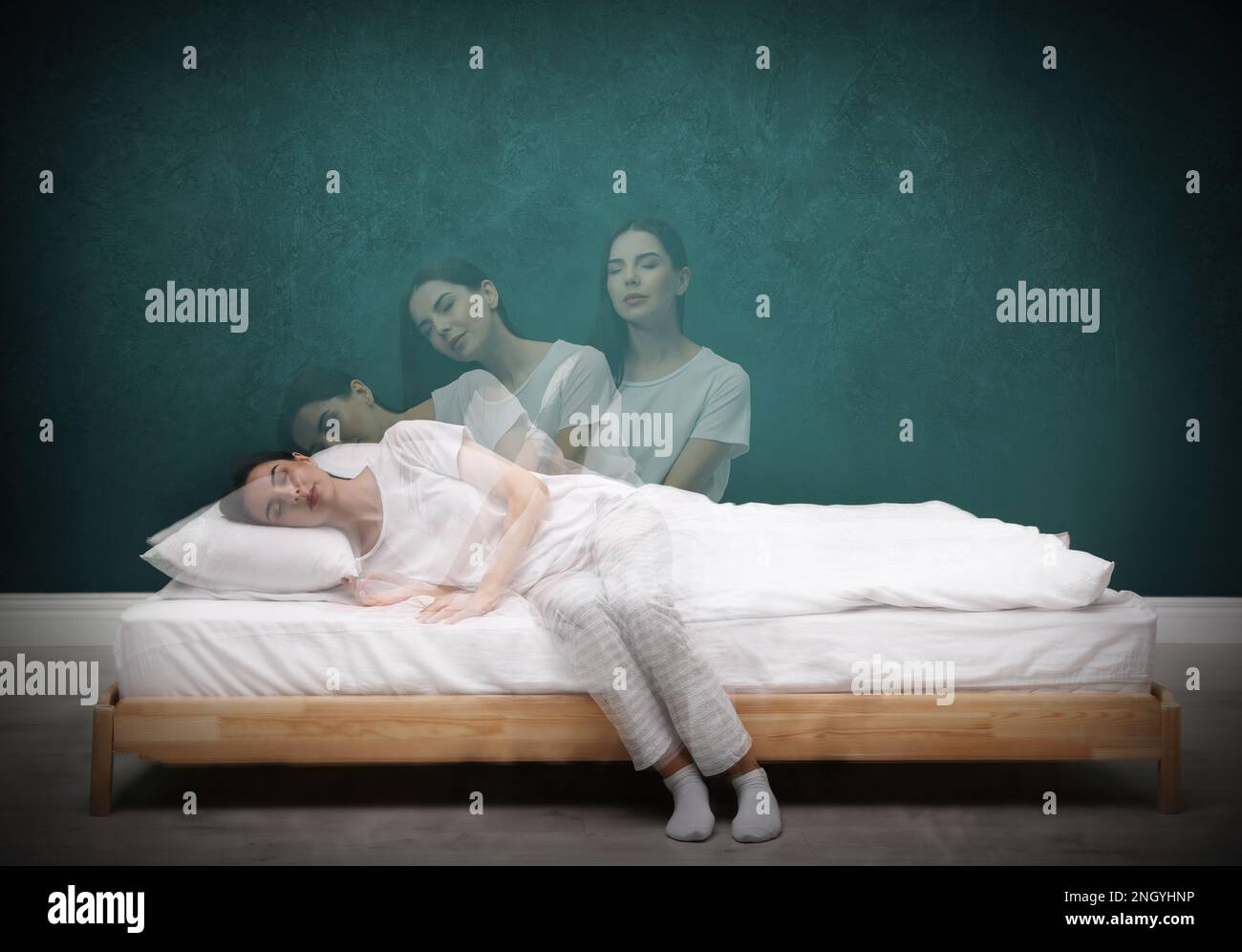 Somnambulist rising from bed near green wall indoors, multiple exposure ...