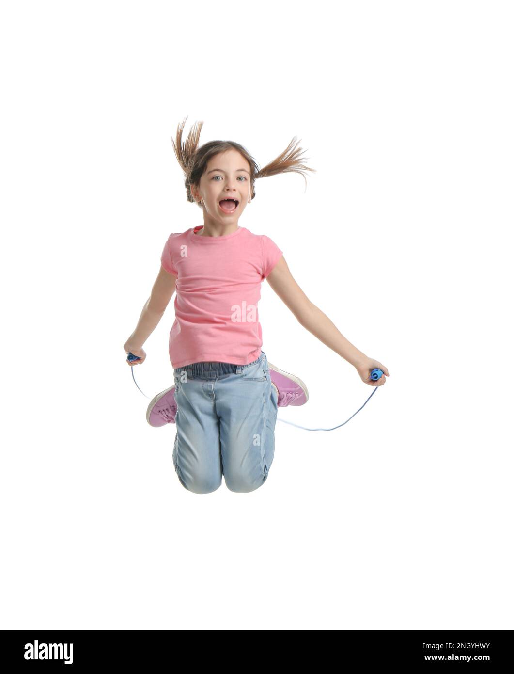 Cute little girl with jump rope on white background Stock Photo - Alamy