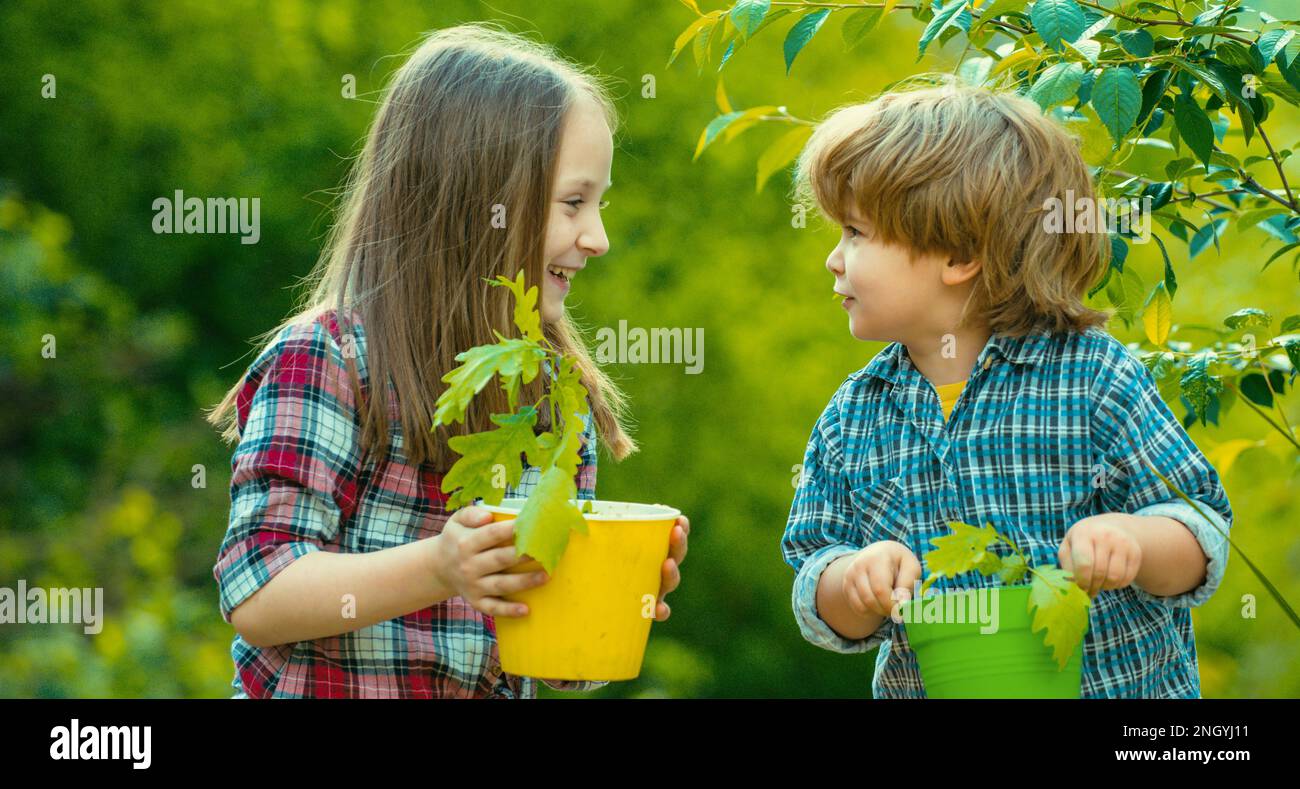 Banner with spring child face. Cute little children enjoying on farm ...