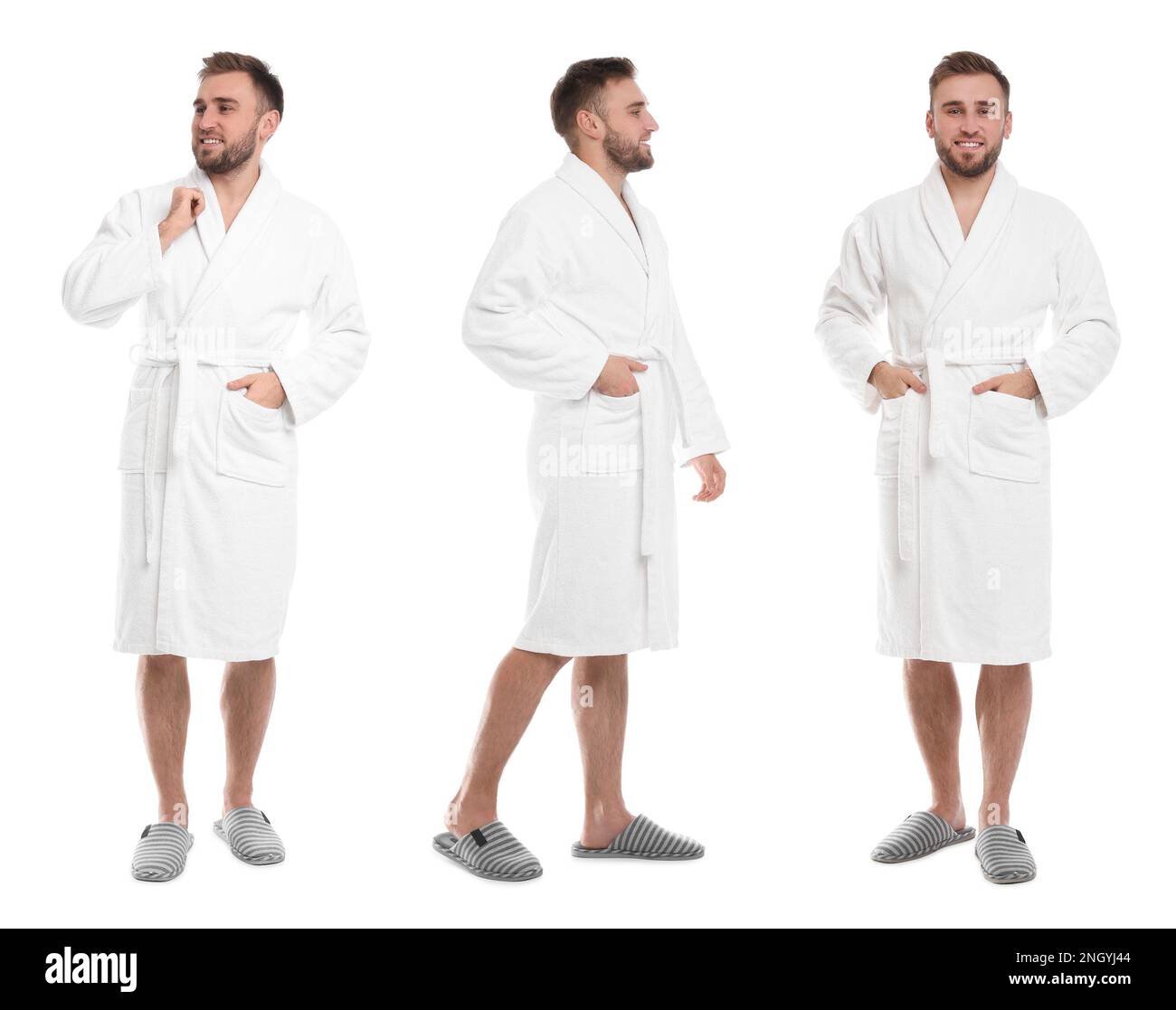 Man wearing bathrobe on white background, collage Stock Photo - Alamy