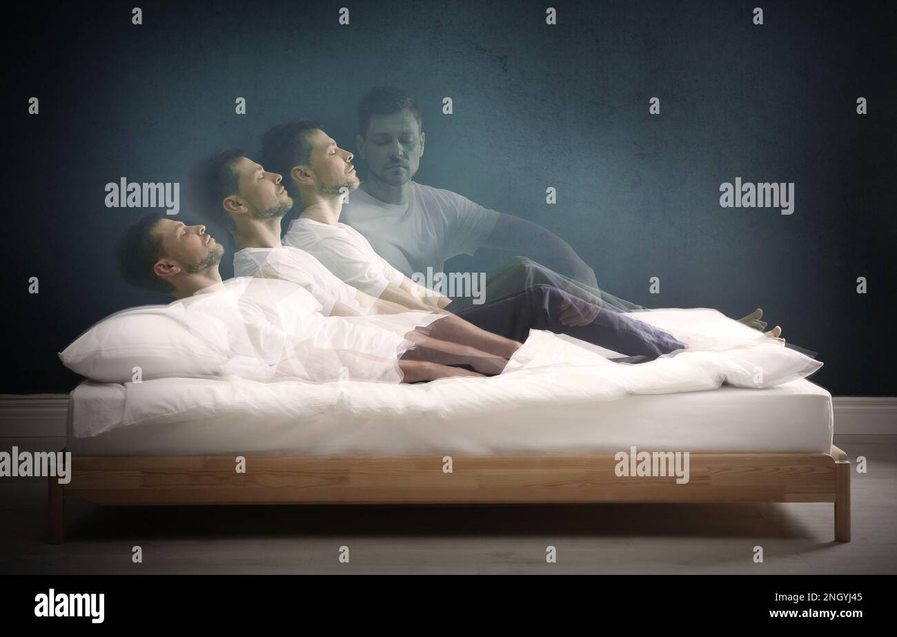 Somnambulist rising from bed near dark wall indoors, multiple exposure ...