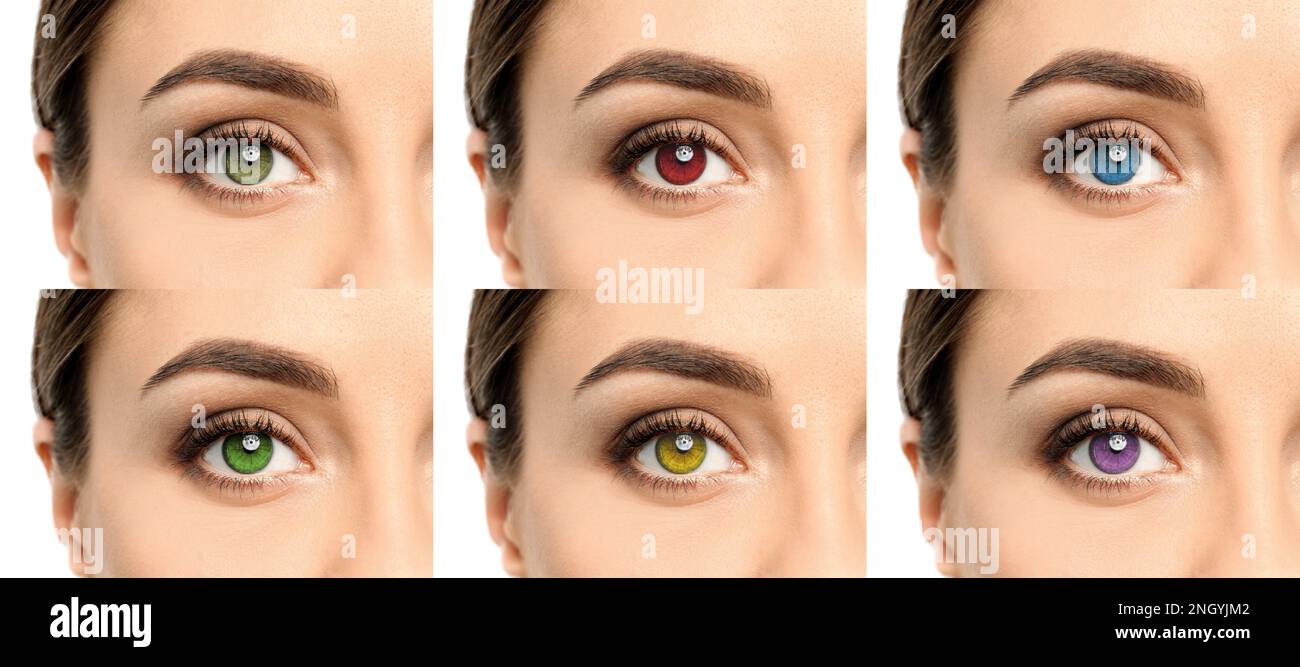 Collage with photos of woman wearing different color contact lenses ...