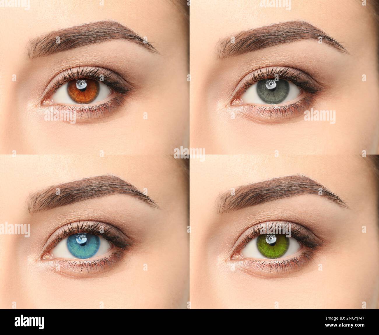 Collage with photos of woman wearing different color contact lenses ...