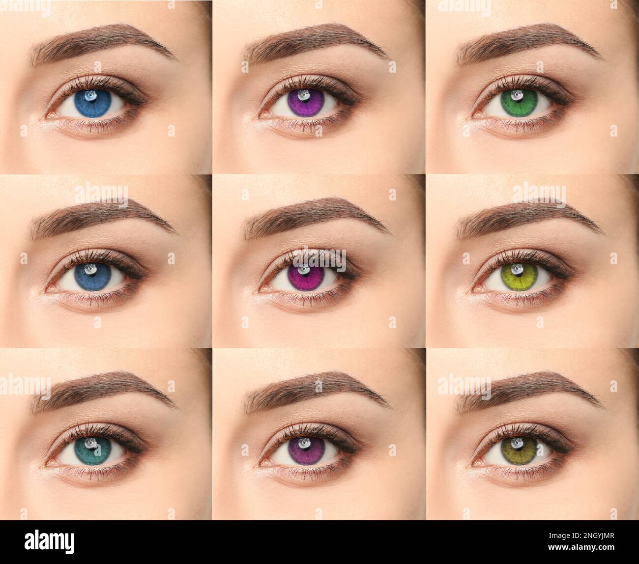 Collage with photos of woman wearing different color contact lenses ...