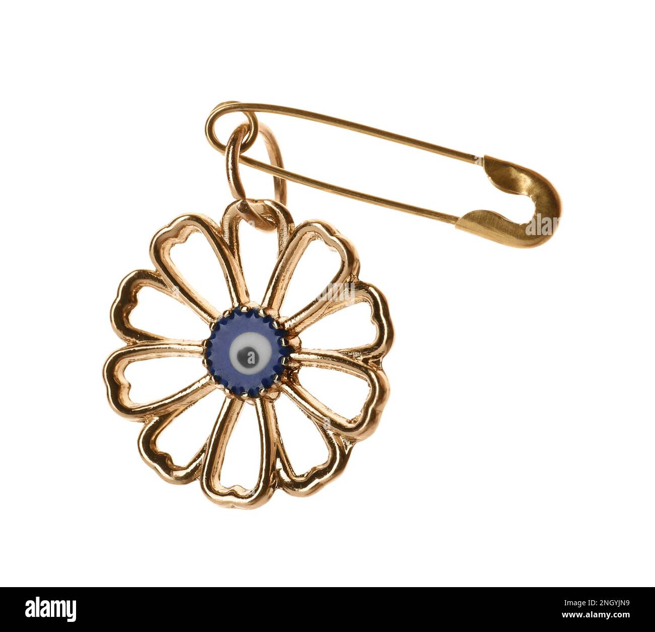 Evil eye safety pin on white background Stock Photo - Alamy