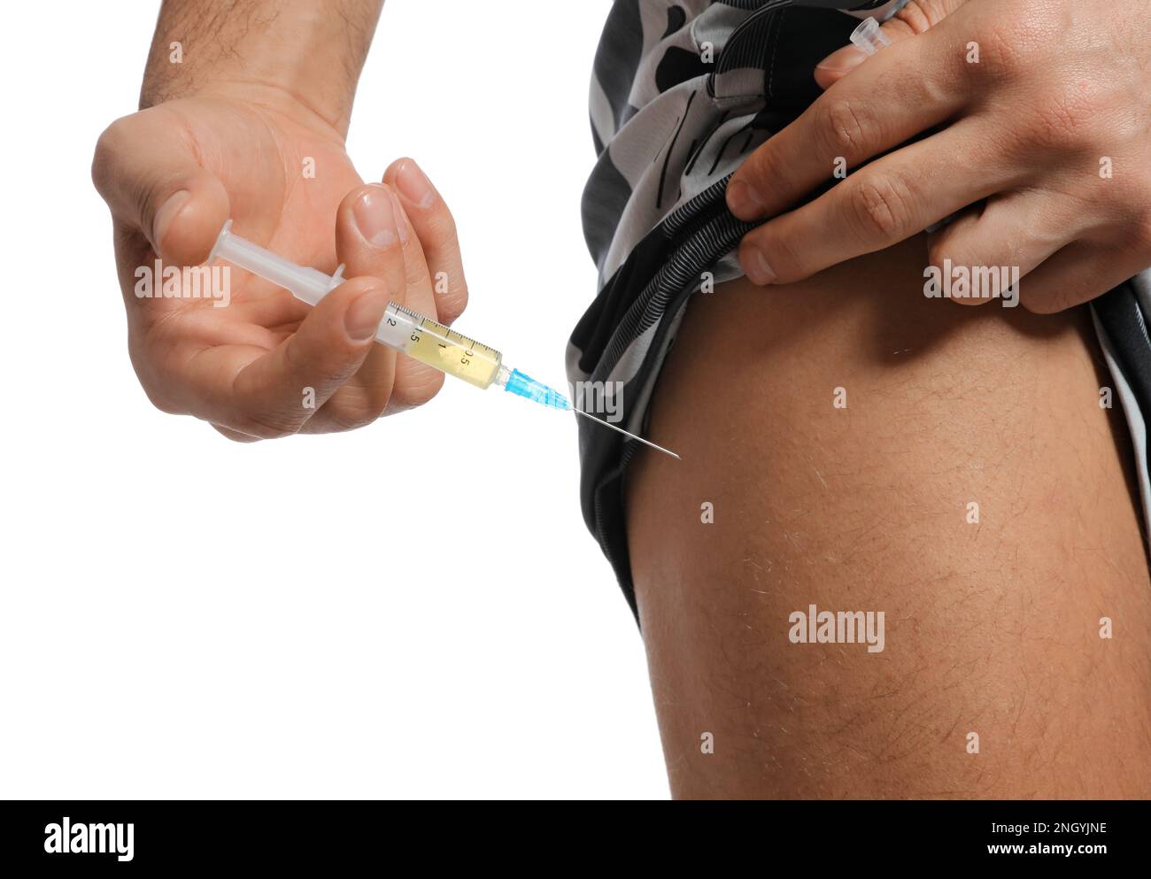 Man injecting himself on white background, closeup. Doping concept ...