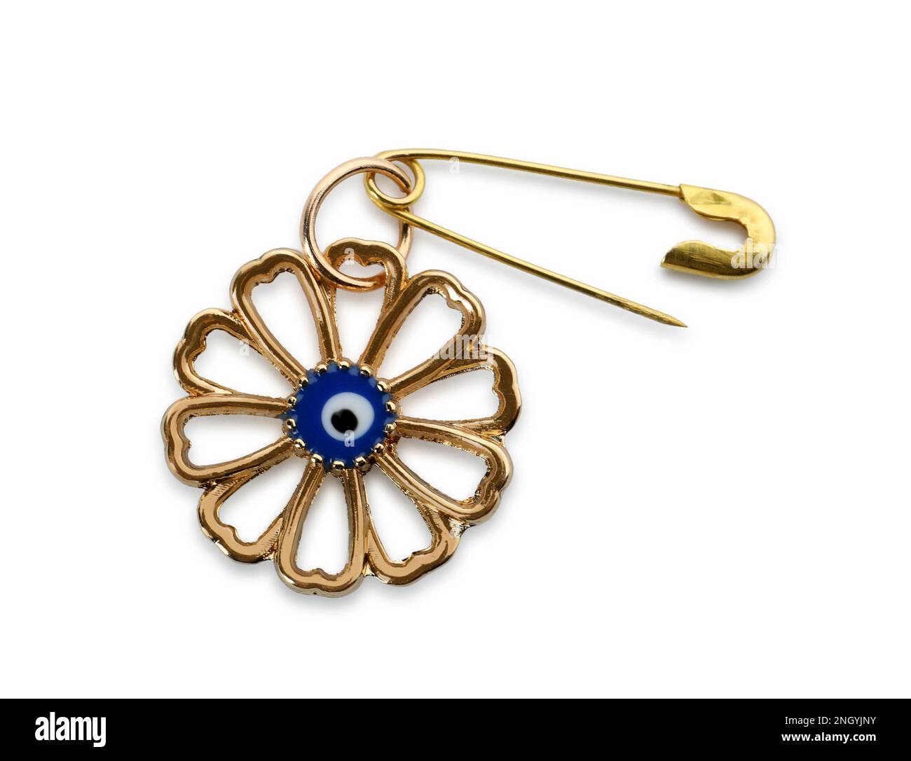 Evil eye safety pin on white background, top view Stock Photo - Alamy