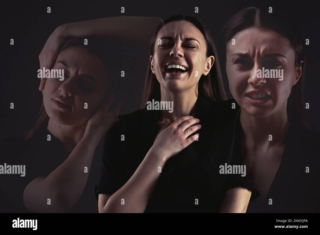 Woman with personality disorder on dark background, multiple exposure ...