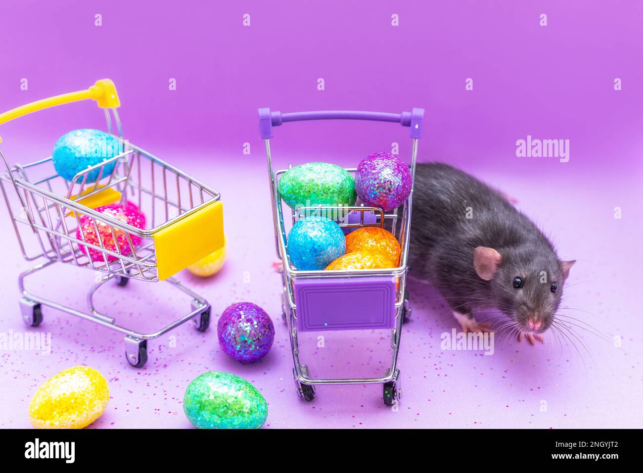 Happy Easter background. Easter eggs are colorful in a shopping basket ...