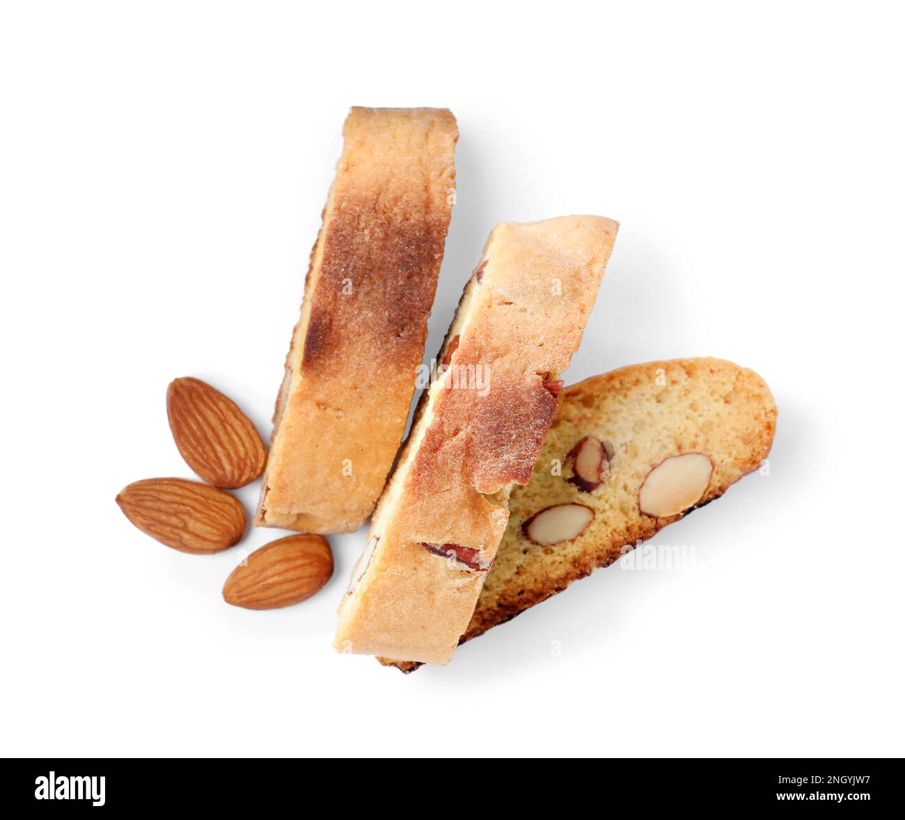 Slices of tasty cantucci and nuts on white background, top view ...