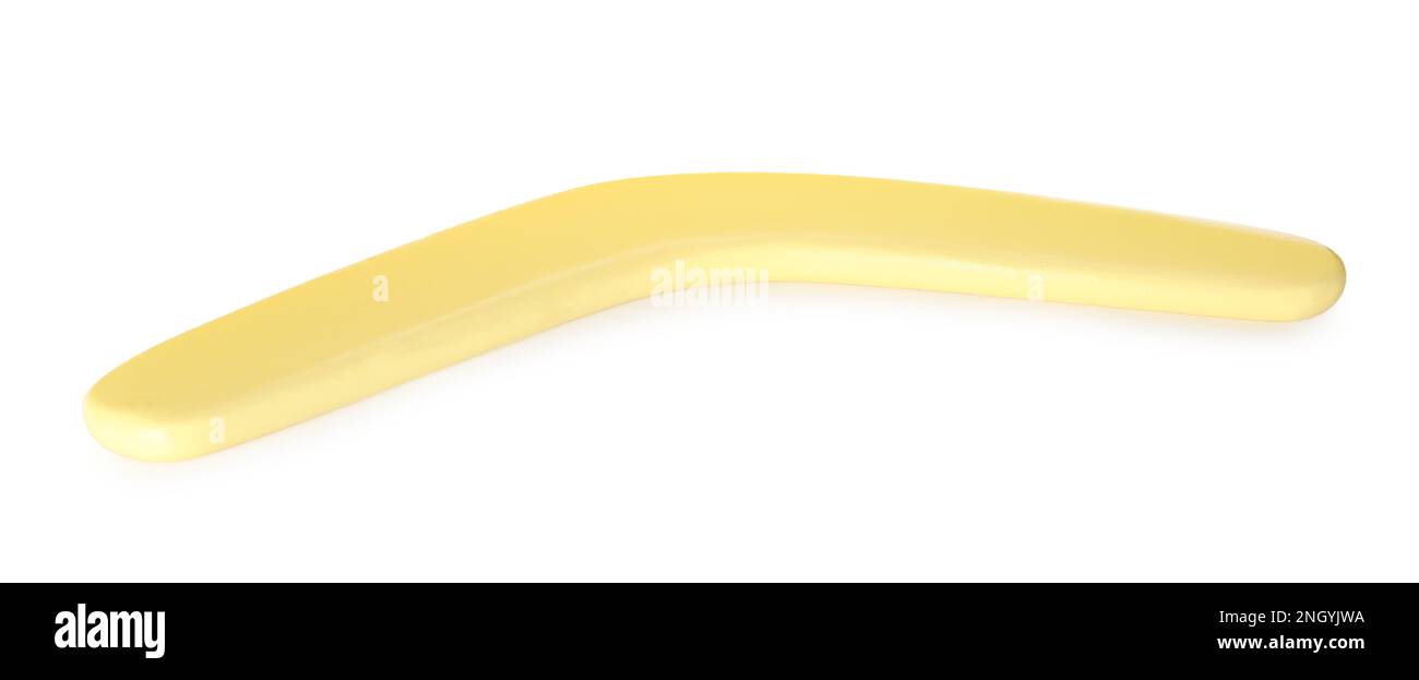 Yellow boomerang isolated on white. Outdoors activity Stock Photo - Alamy