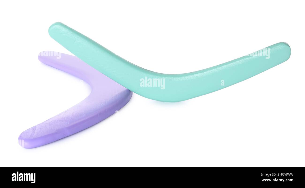Purple and turquoise boomerangs on white background Stock Photo - Alamy