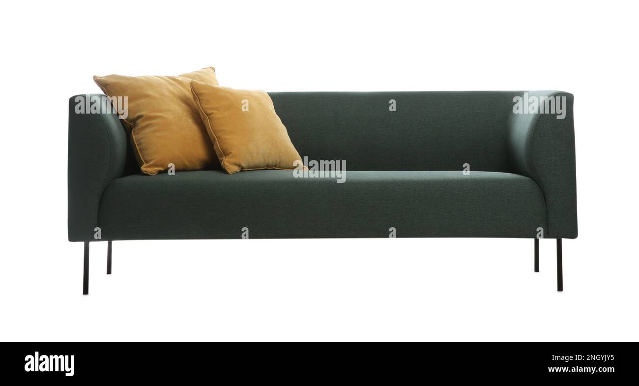 Comfortable green sofa with cushions on white background. Furniture for ...