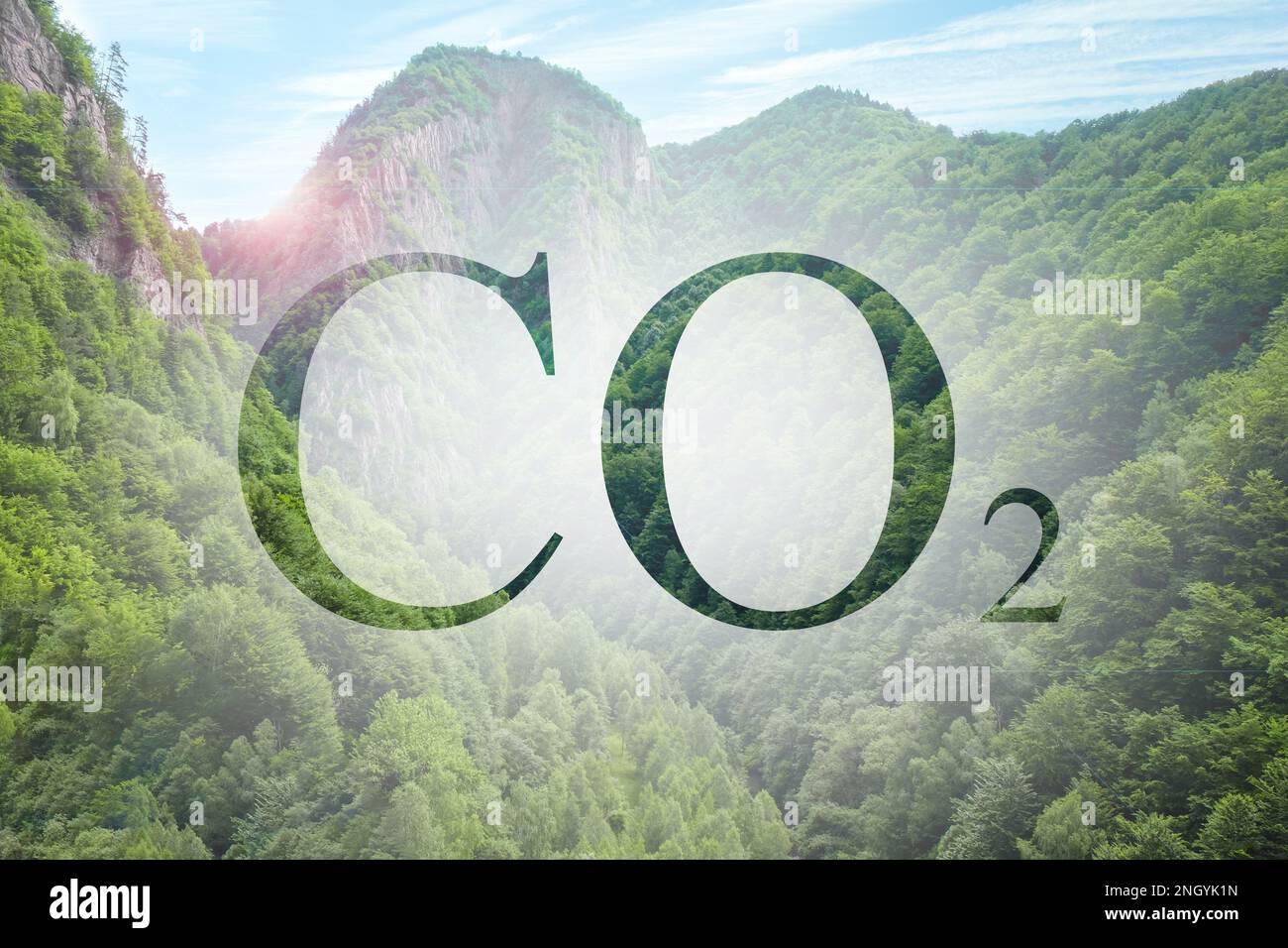 Concept of clear air. CO2 inscription and beautiful mountain landscape ...