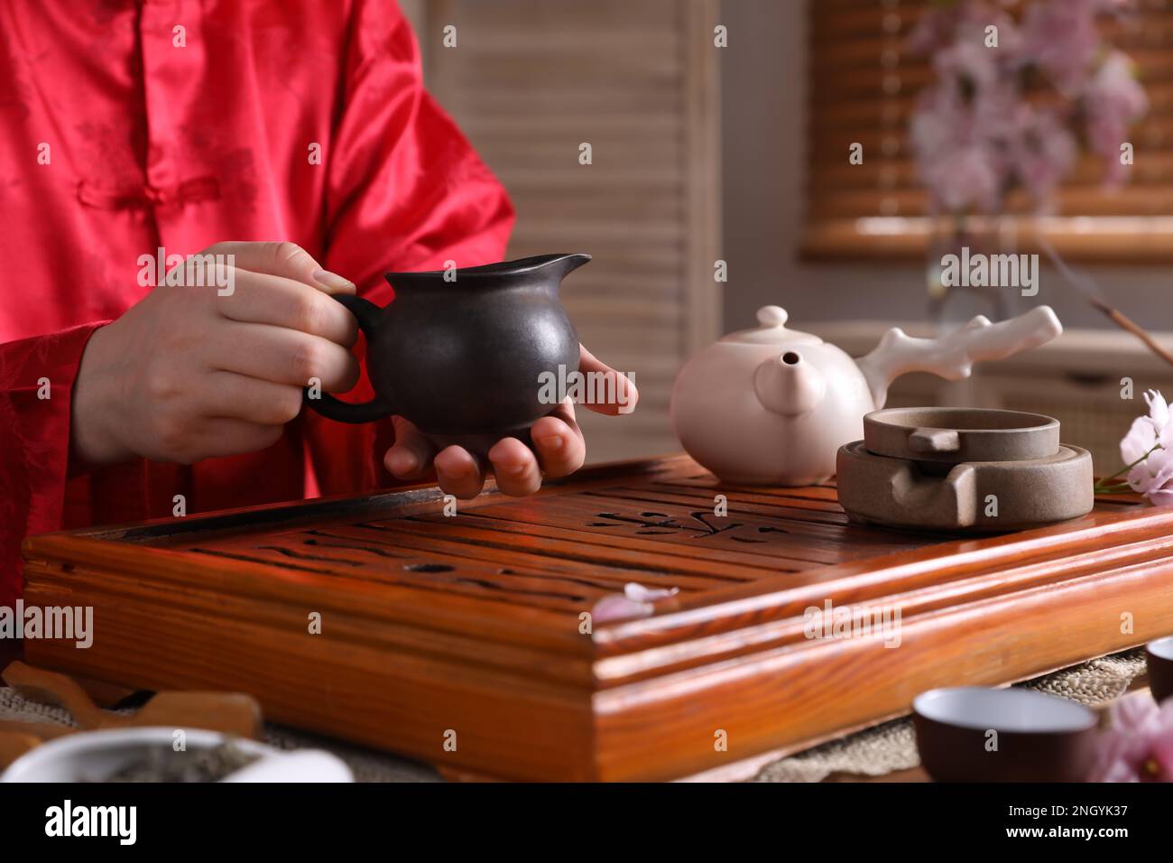 Master conducting traditional tea ceremony at table, closeup Stock ...