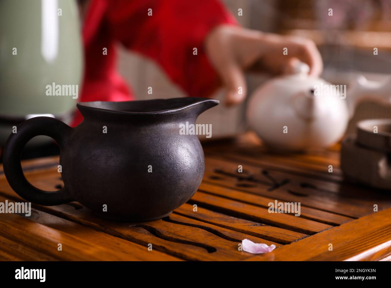 Traditional tea ceremony. Master near tray with tools, closeup Stock ...