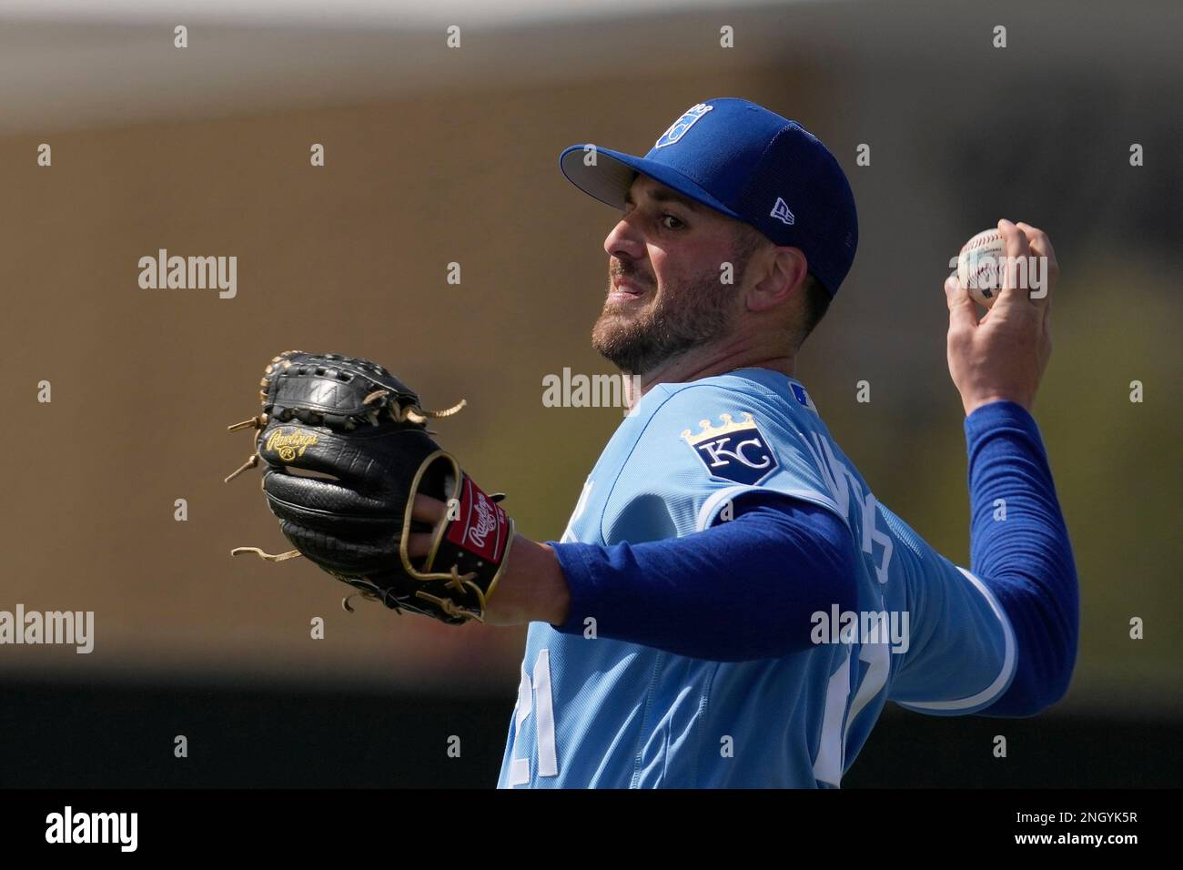 Kansas City Royals pitcher Mike Mayers throws during spring training ...