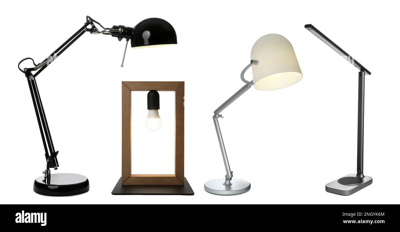 Set with different stylish table lamps on white background. Banner ...