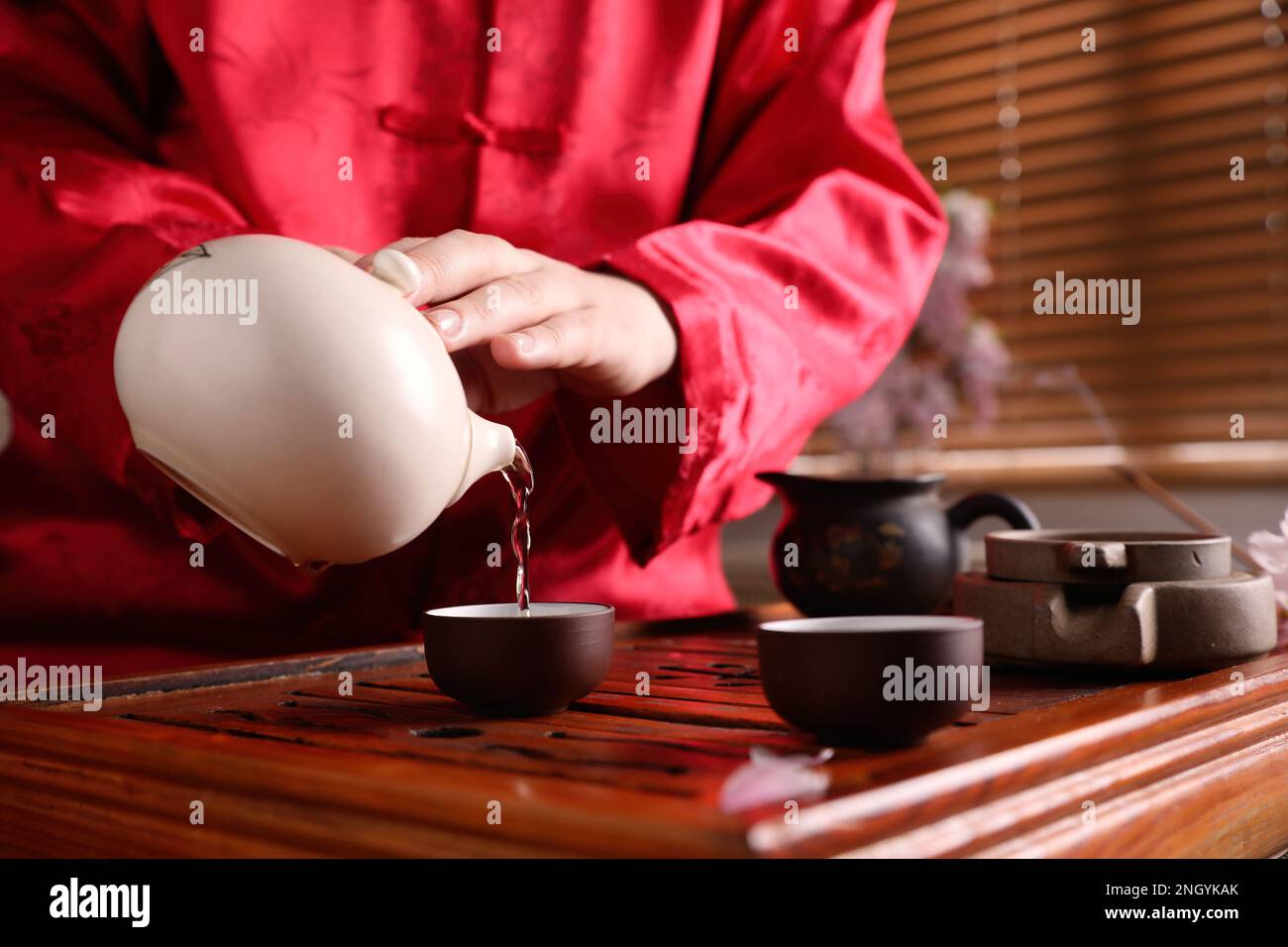 Master conducting traditional tea ceremony at table, closeup Stock ...