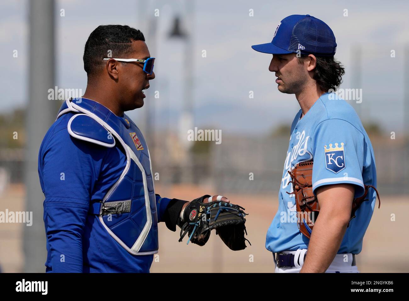 Kansas City Royals catcher Salvador Perez, left, talks with pitcher ...