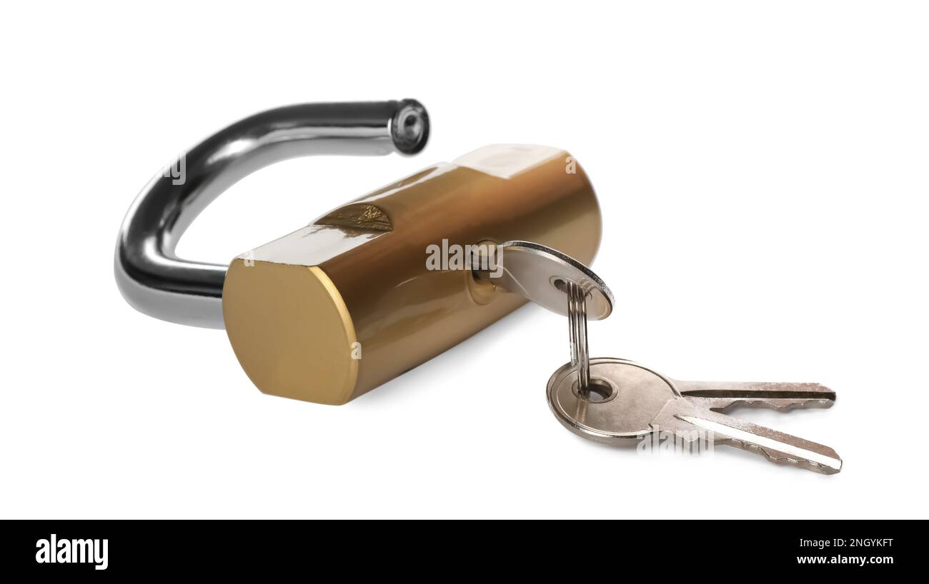 Modern padlock with keys isolated on white Stock Photo - Alamy
