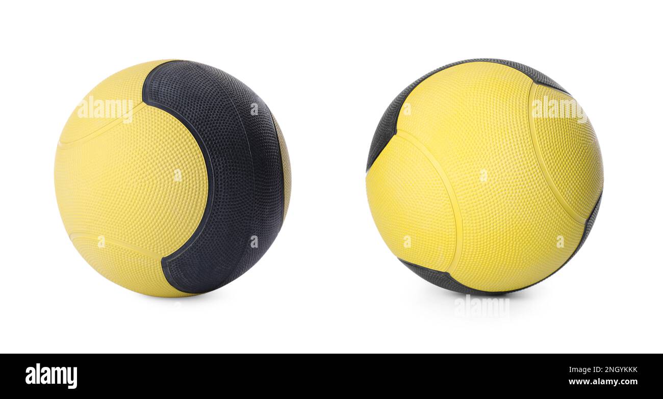 Medicine balls on white background, collage. Banner design Stock Photo ...