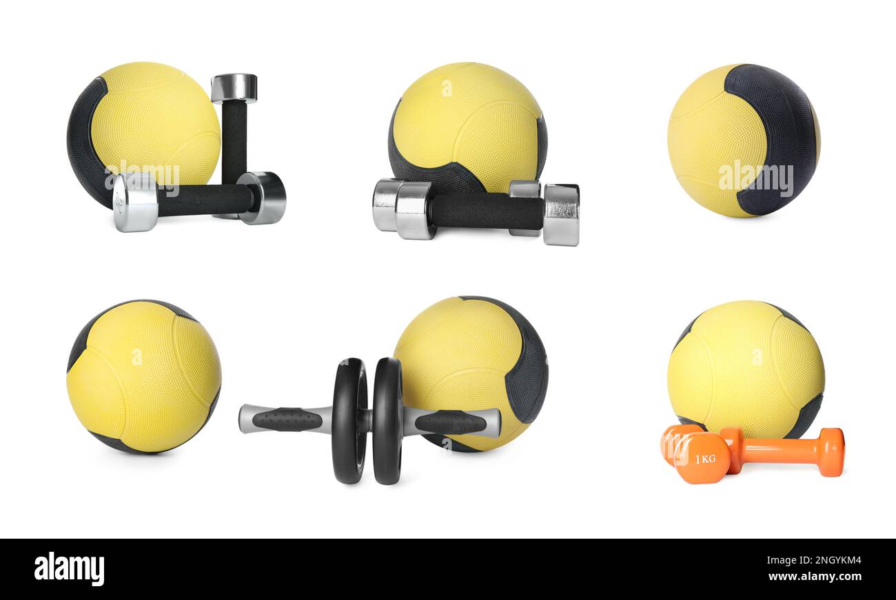Set with medicine balls and dumbbells on white background Stock Photo ...