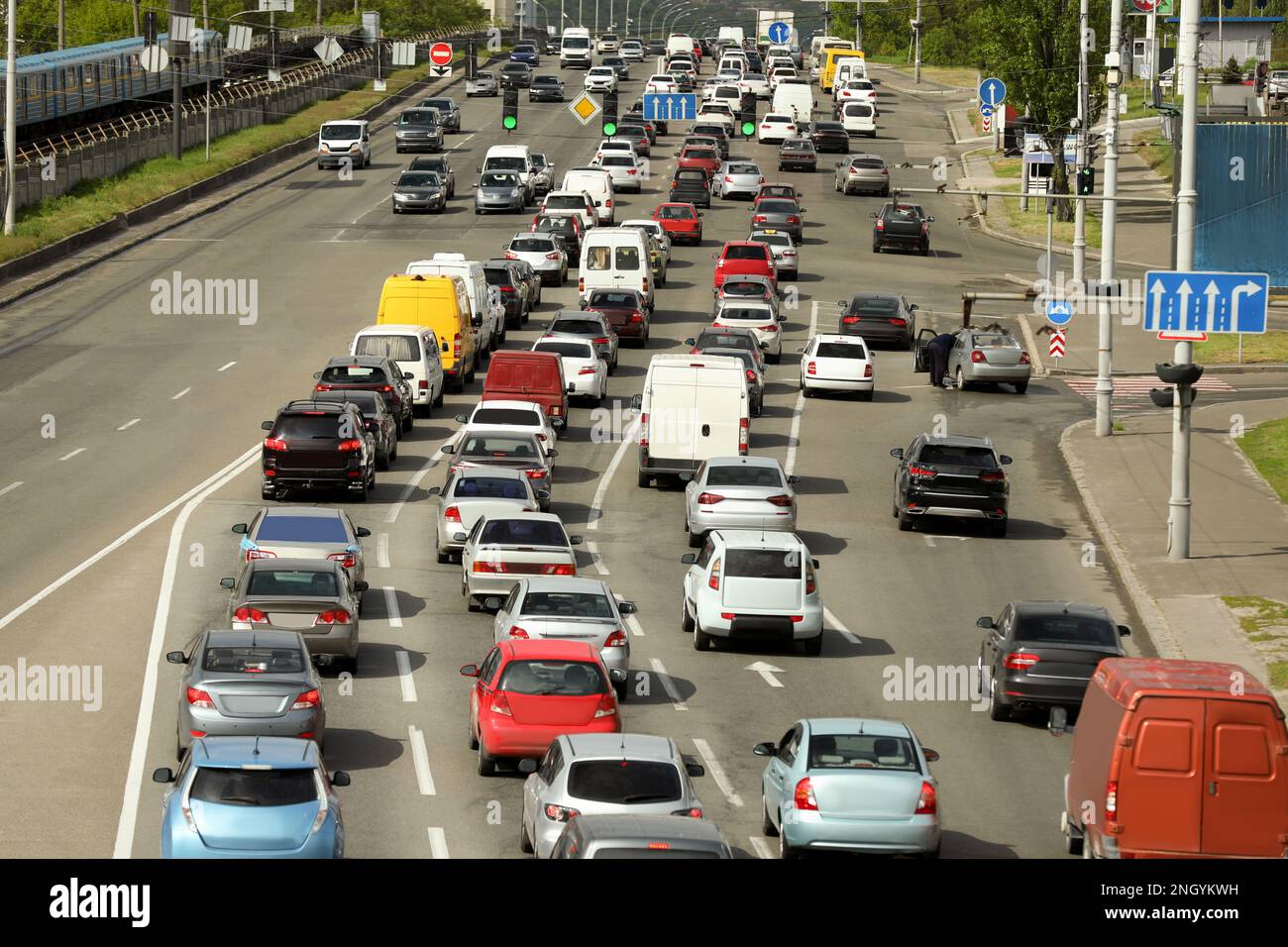 Lots of cars in traffic jam on city street Stock Photo - Alamy