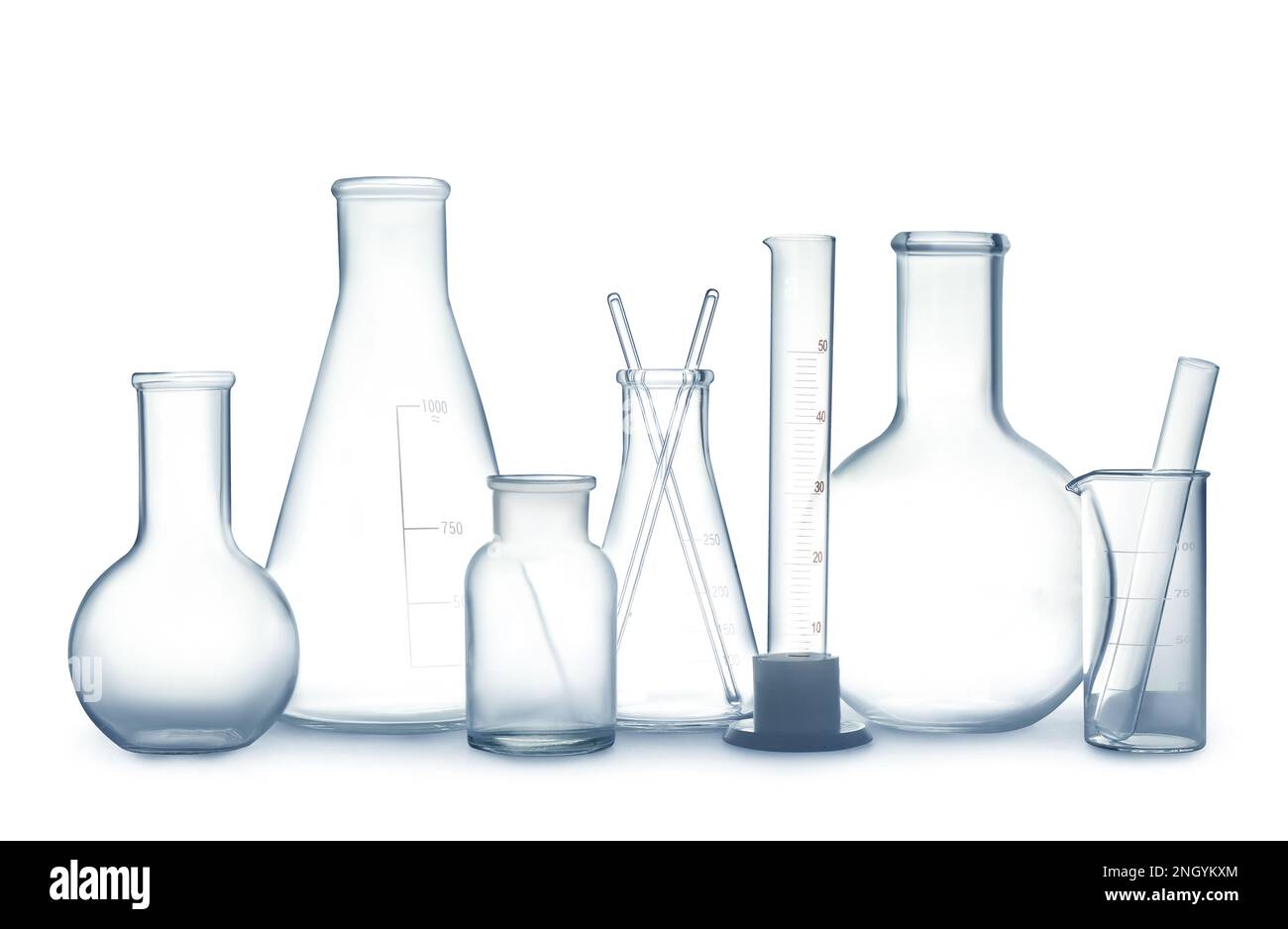 Empty clean laboratory glassware on white background Stock Photo - Alamy