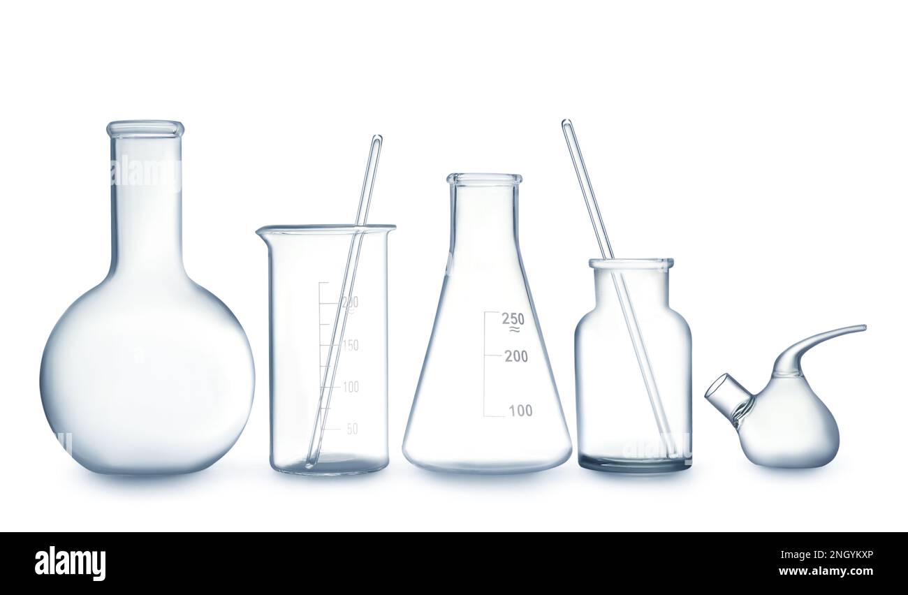 Empty clean laboratory glassware on white background Stock Photo - Alamy