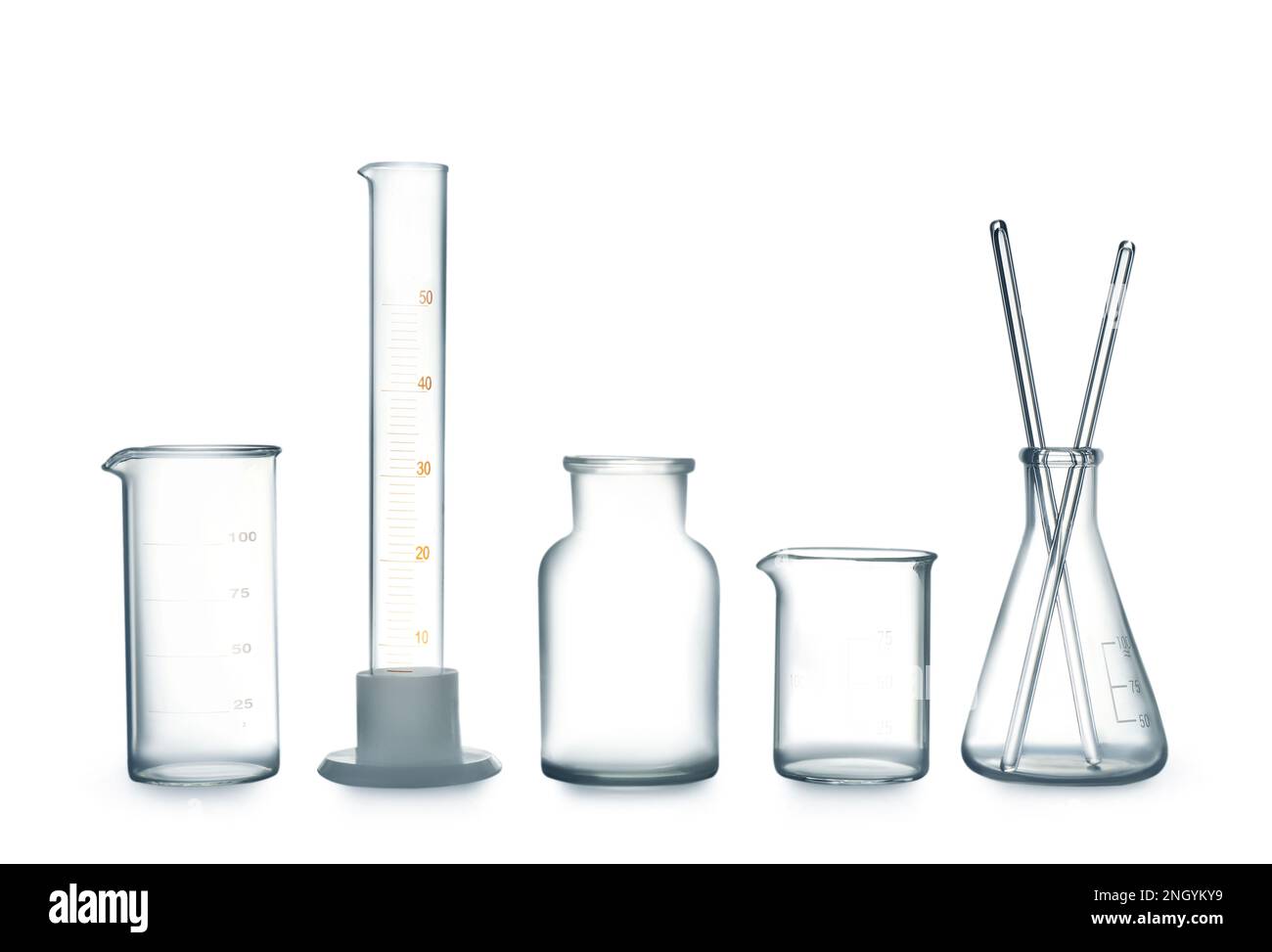 Empty clean laboratory glassware on white background Stock Photo - Alamy