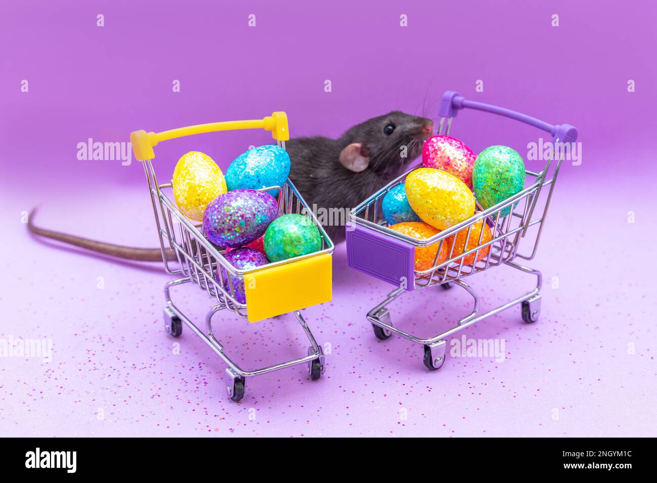 Happy Easter background. Easter eggs are colorful in a shopping basket ...