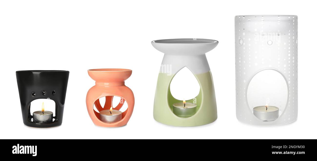 Set with different stylish aroma lamps on white background. Banner ...