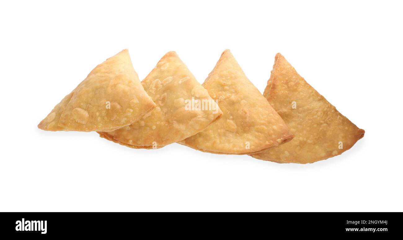 Fresh delicious crispy samosas on white background, top view Stock ...