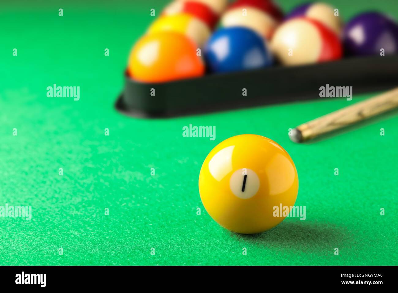 Billiard ball with number 1 on green table, space for text Stock Photo ...