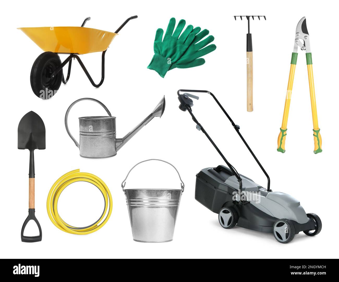 Set with different gardening tools on white background Stock Photo - Alamy