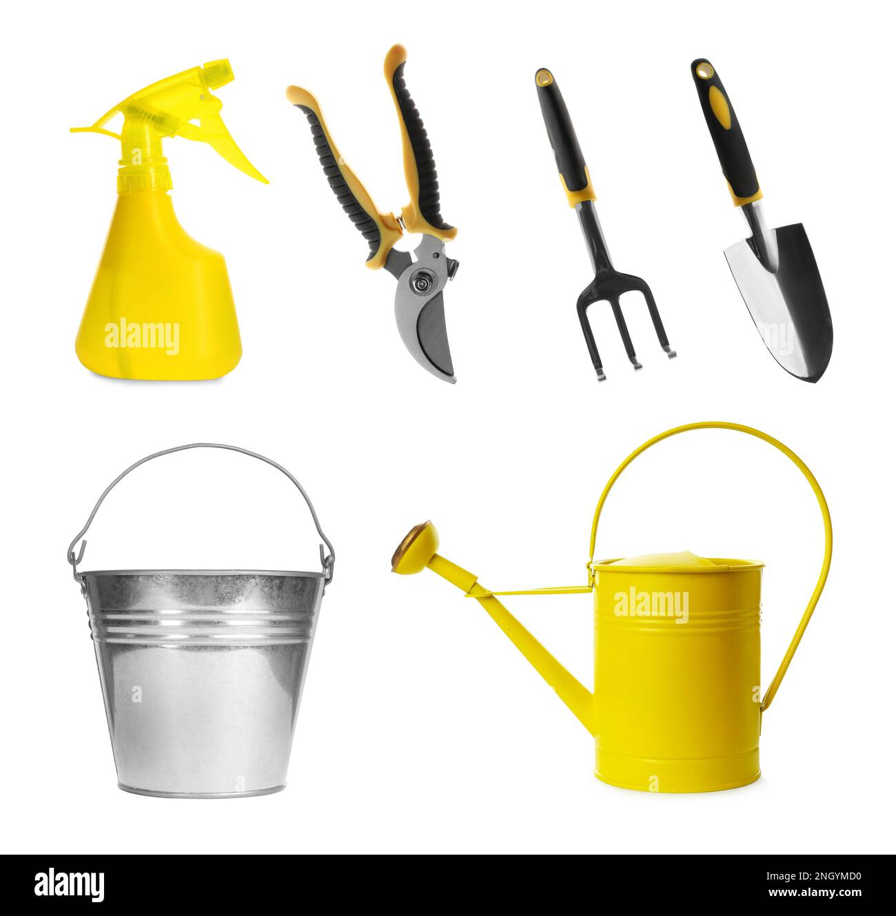 Set with different gardening tools on white background Stock Photo - Alamy