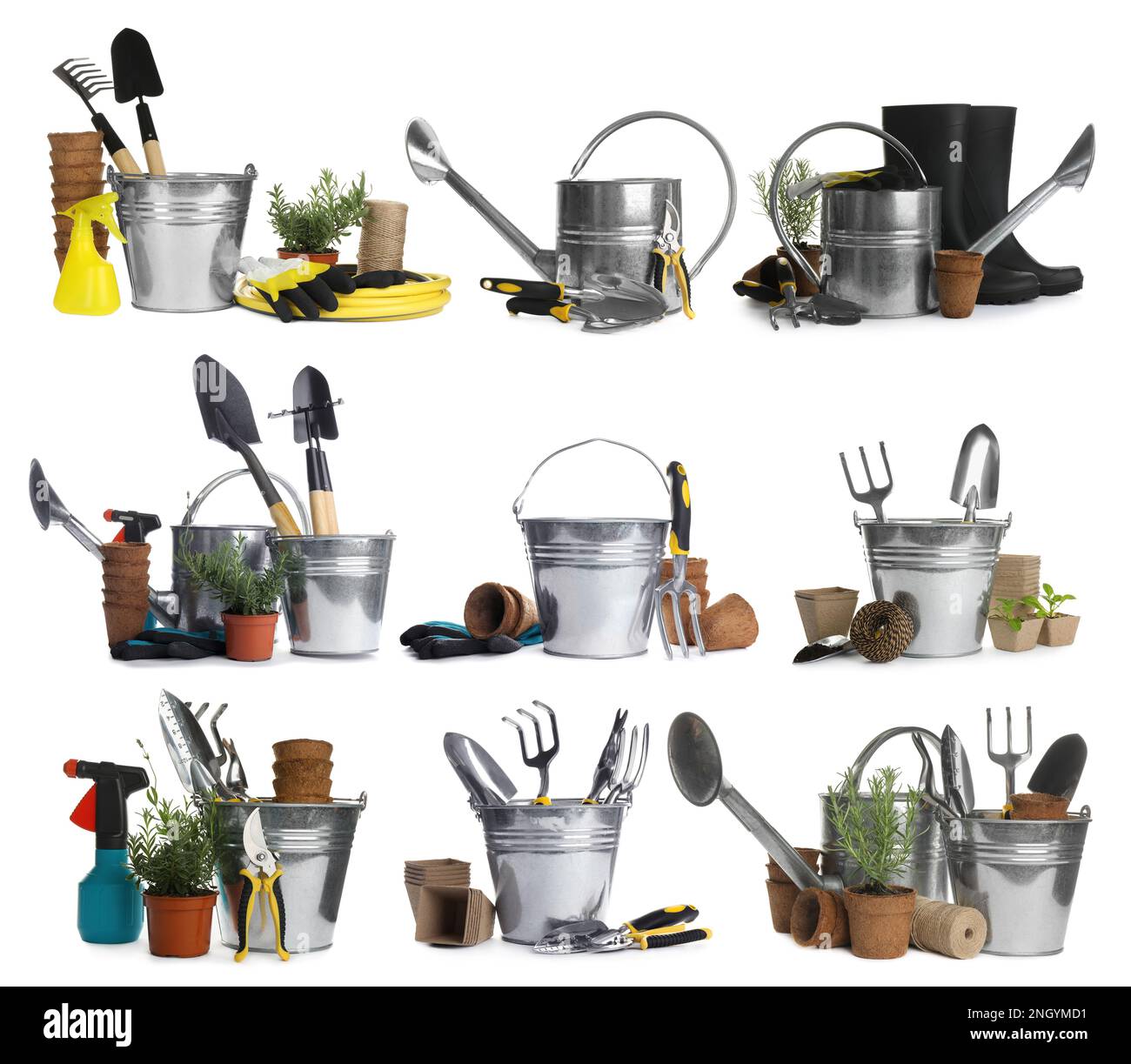 Set of different gardening tools on white background Stock Photo - Alamy