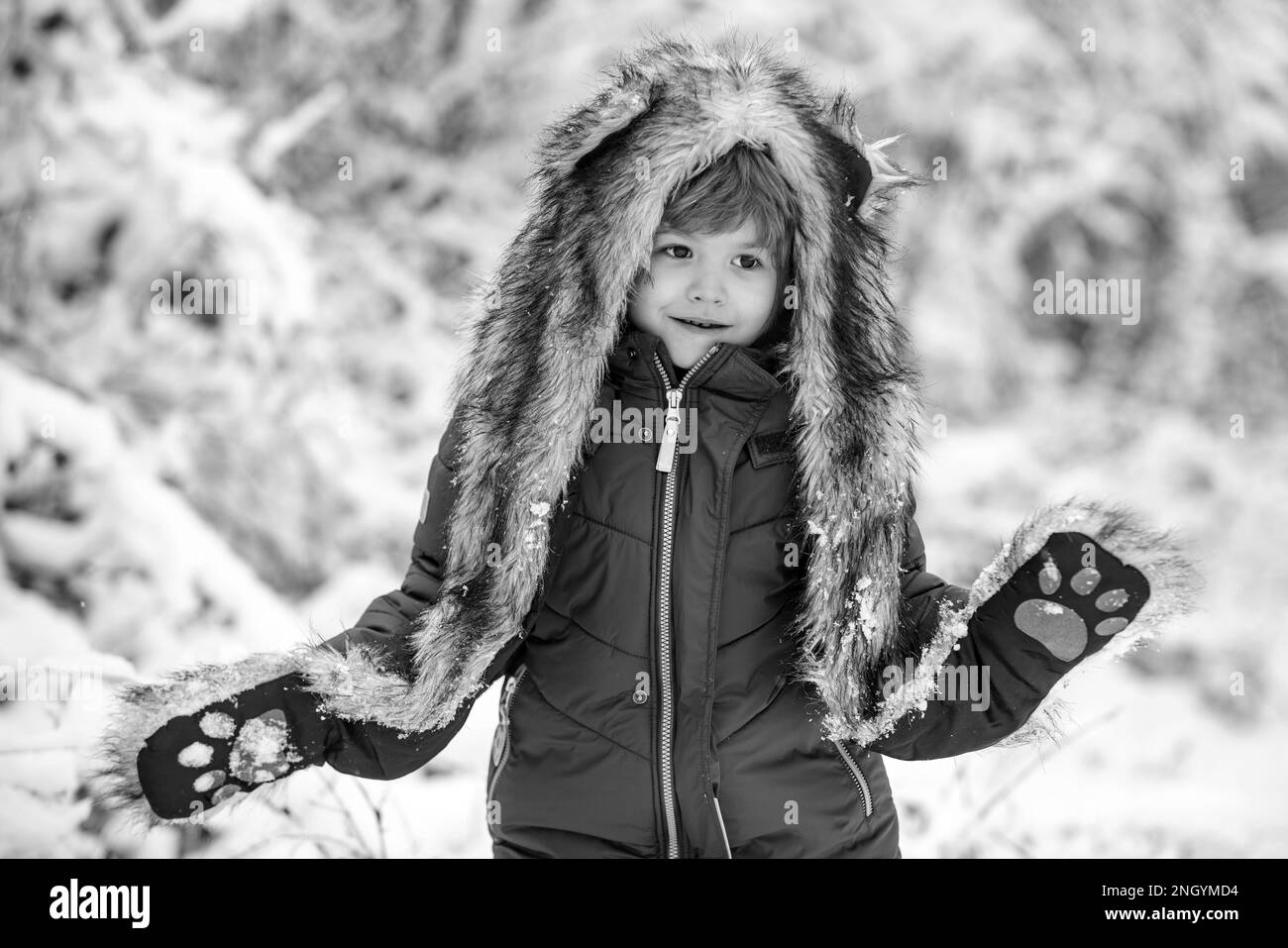 The morning before Christmas. Winter portrait of happy cute child ...