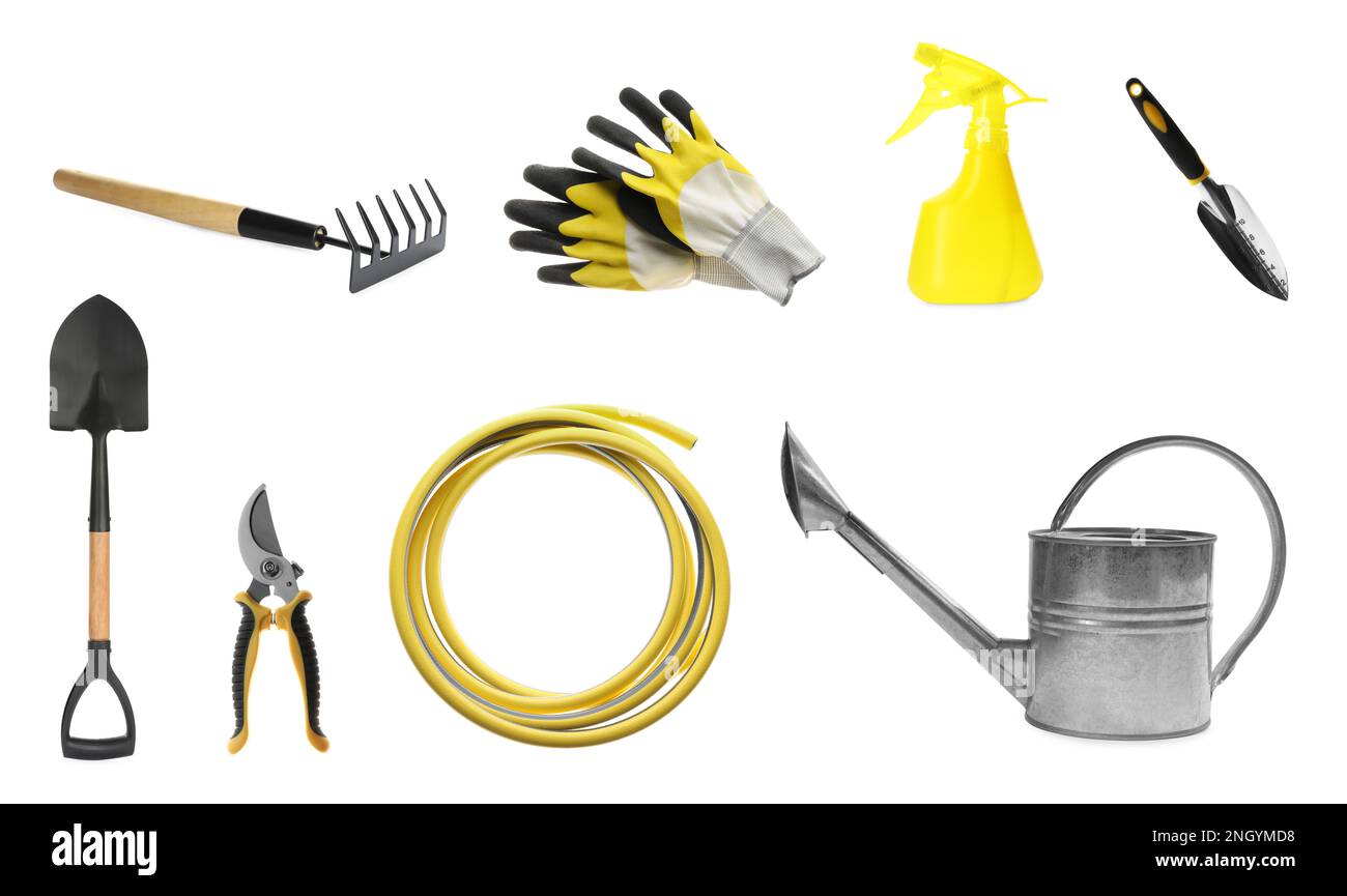 Set with different gardening tools on white background. Banner design ...