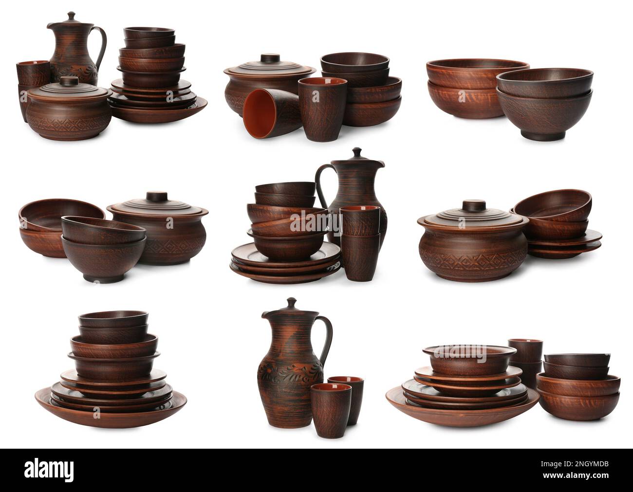 Set of stylish clay dishes on white background Stock Photo - Alamy