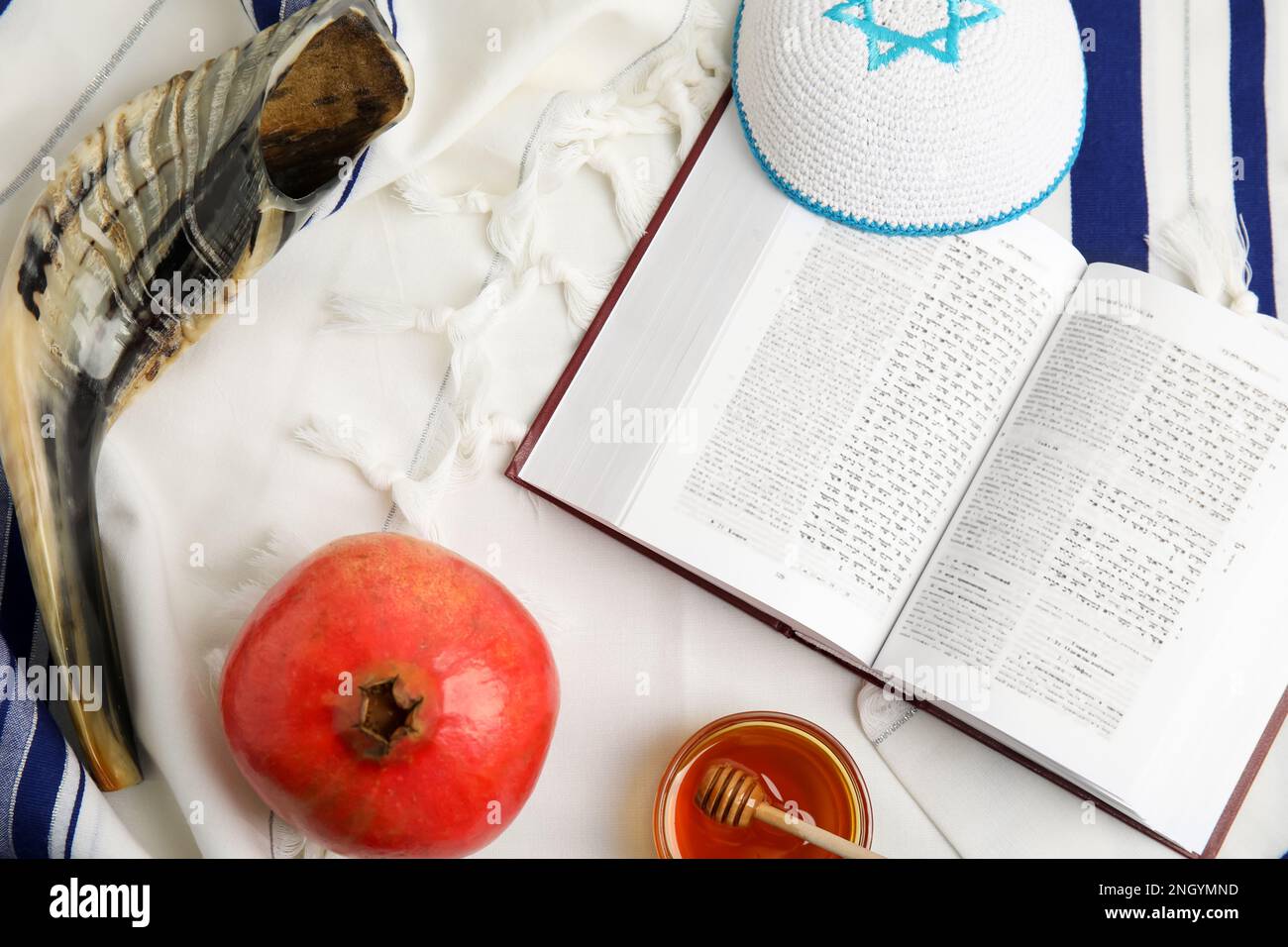 Flat lay composition with Rosh Hashanah holiday symbols on fabric Stock ...