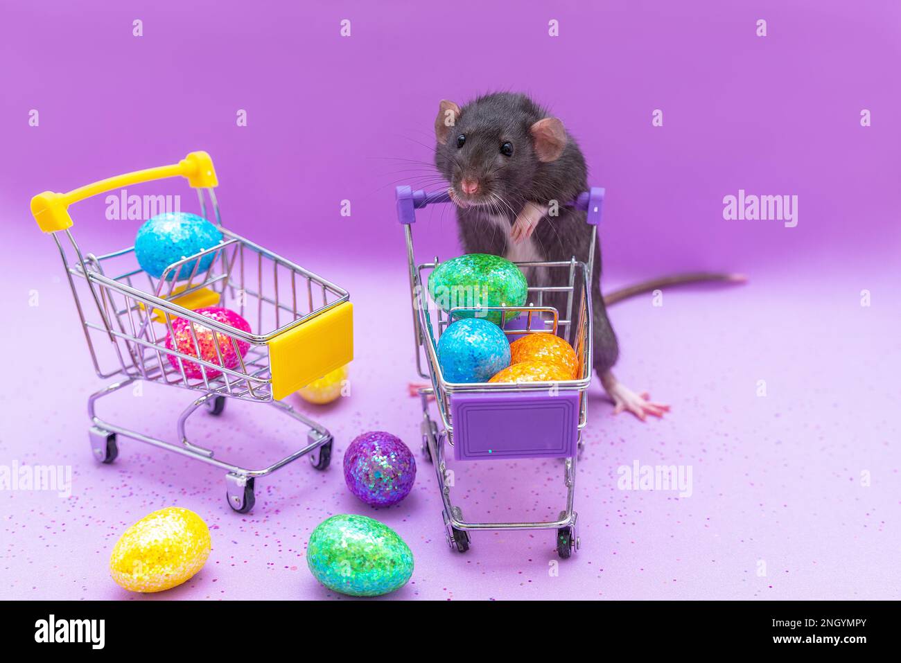Happy Easter background. Easter eggs are colorful in a shopping basket ...