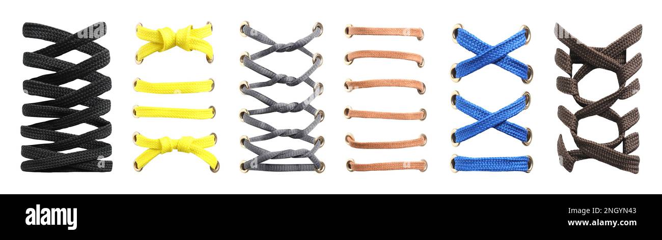 Different color shoe laces on white background, collage. Banner design ...
