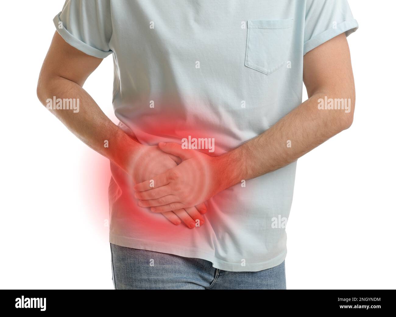 Man suffering from acute appendicitis on white background, closeup ...